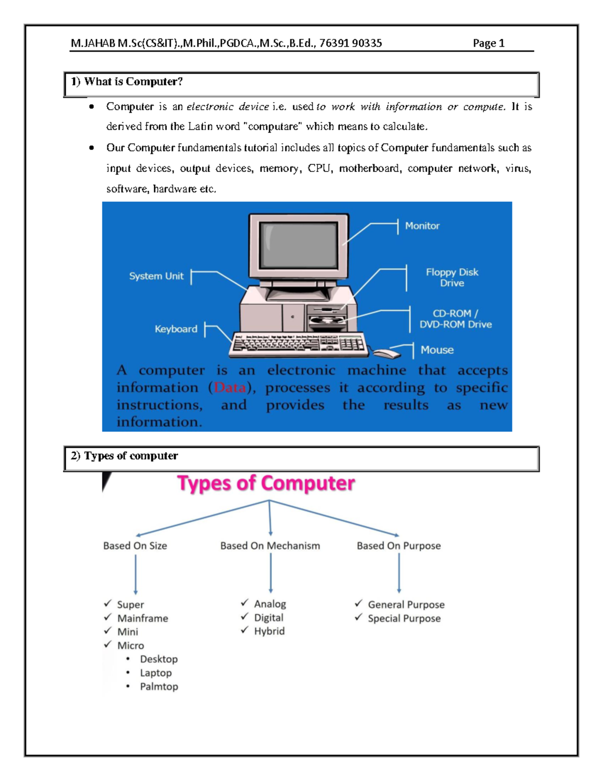 1-Computer Fundamentals: Types, Devices, and Historical Overview - Studocu