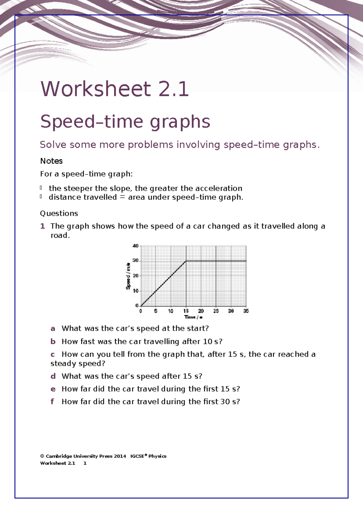 312336109 IGCSE Physics Worksheet 2: Speed-Time Graphs Analysis - Studocu