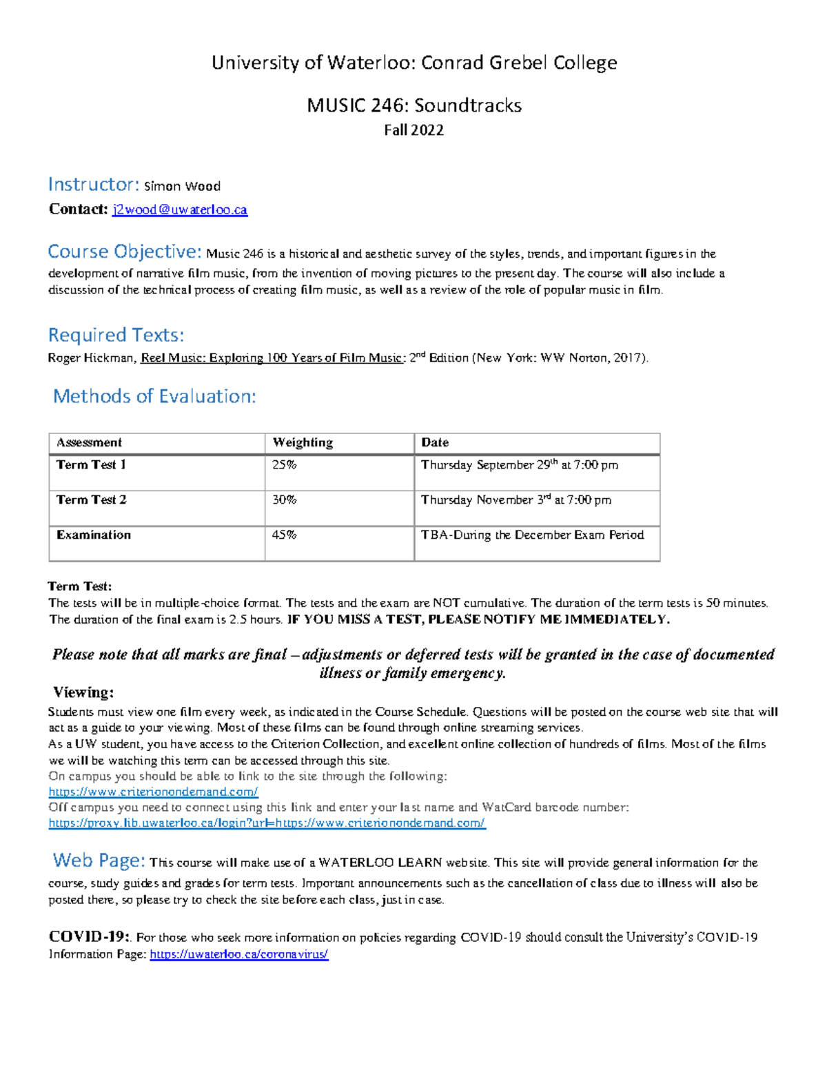 MUSIC 246 Course Outline: Soundtracks - Fall 2022 Overview - Studocu