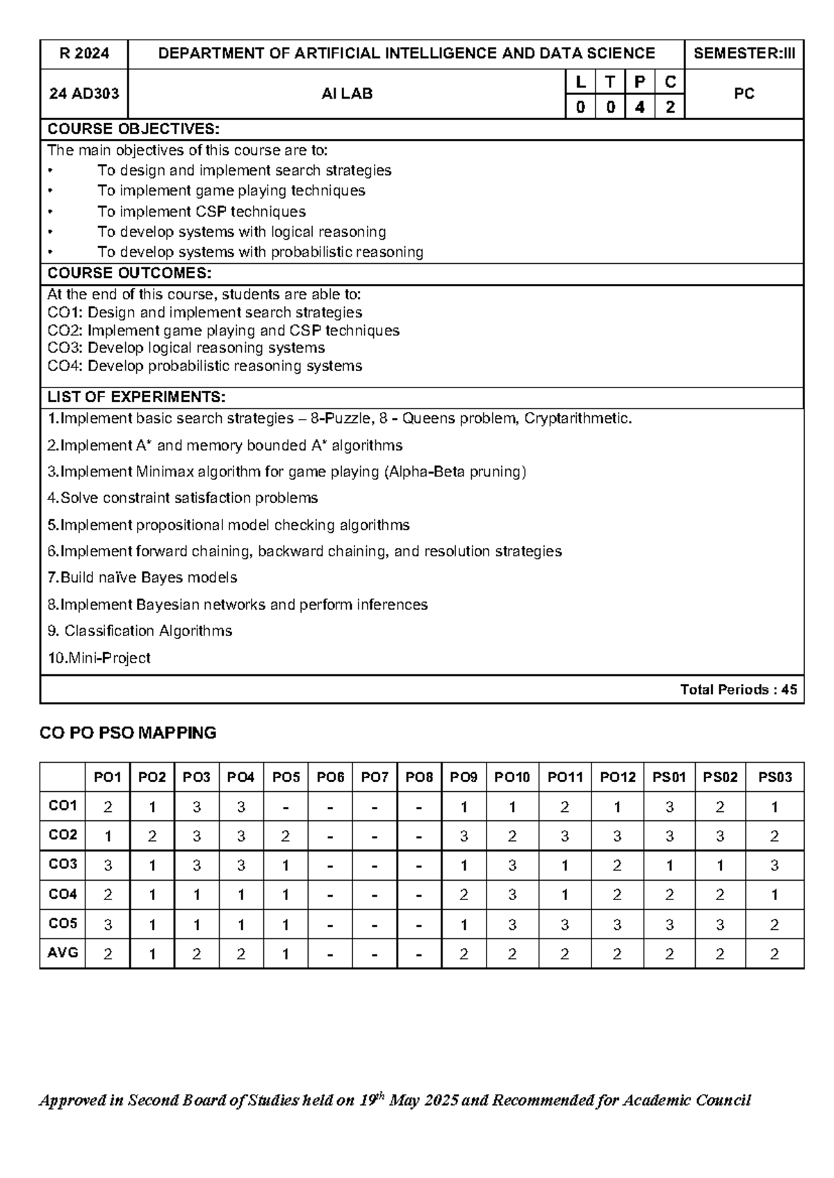 AI LAB - AD303 Course Objectives and Outcomes - Studocu