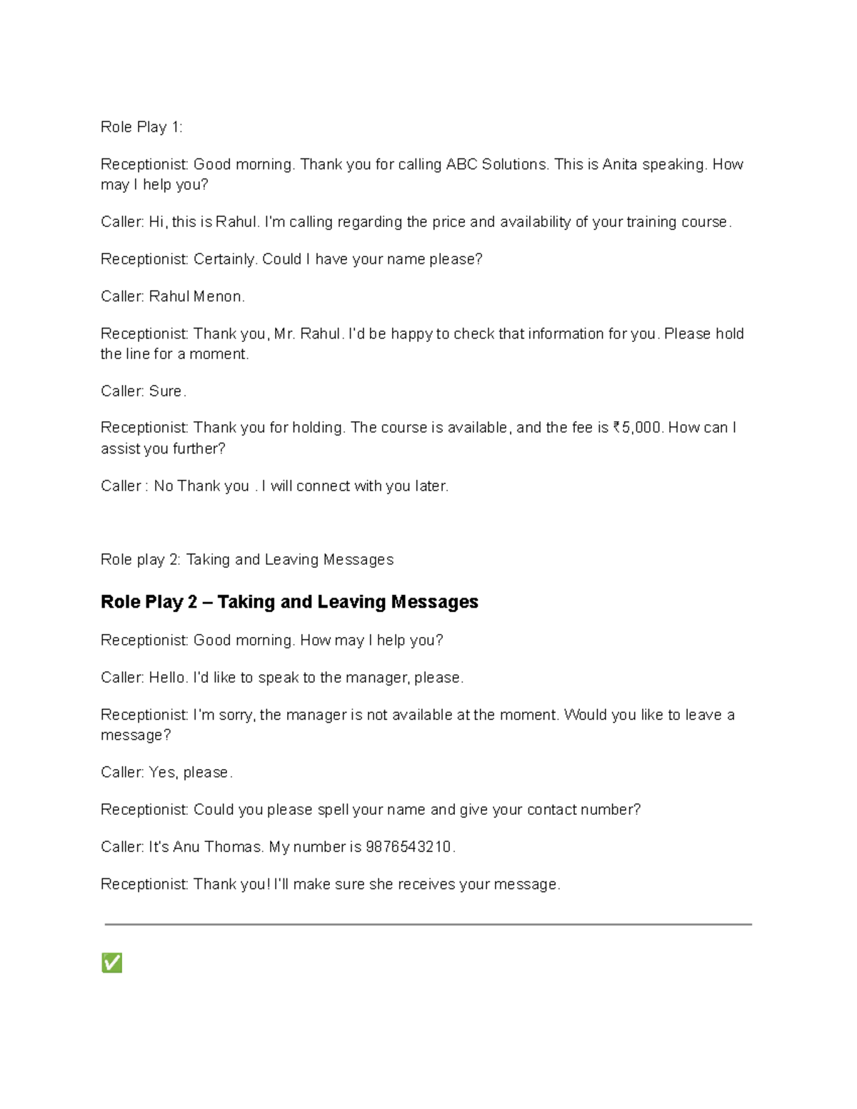 Telephone Conversation Role Play: Receptionist Scenarios - Studocu