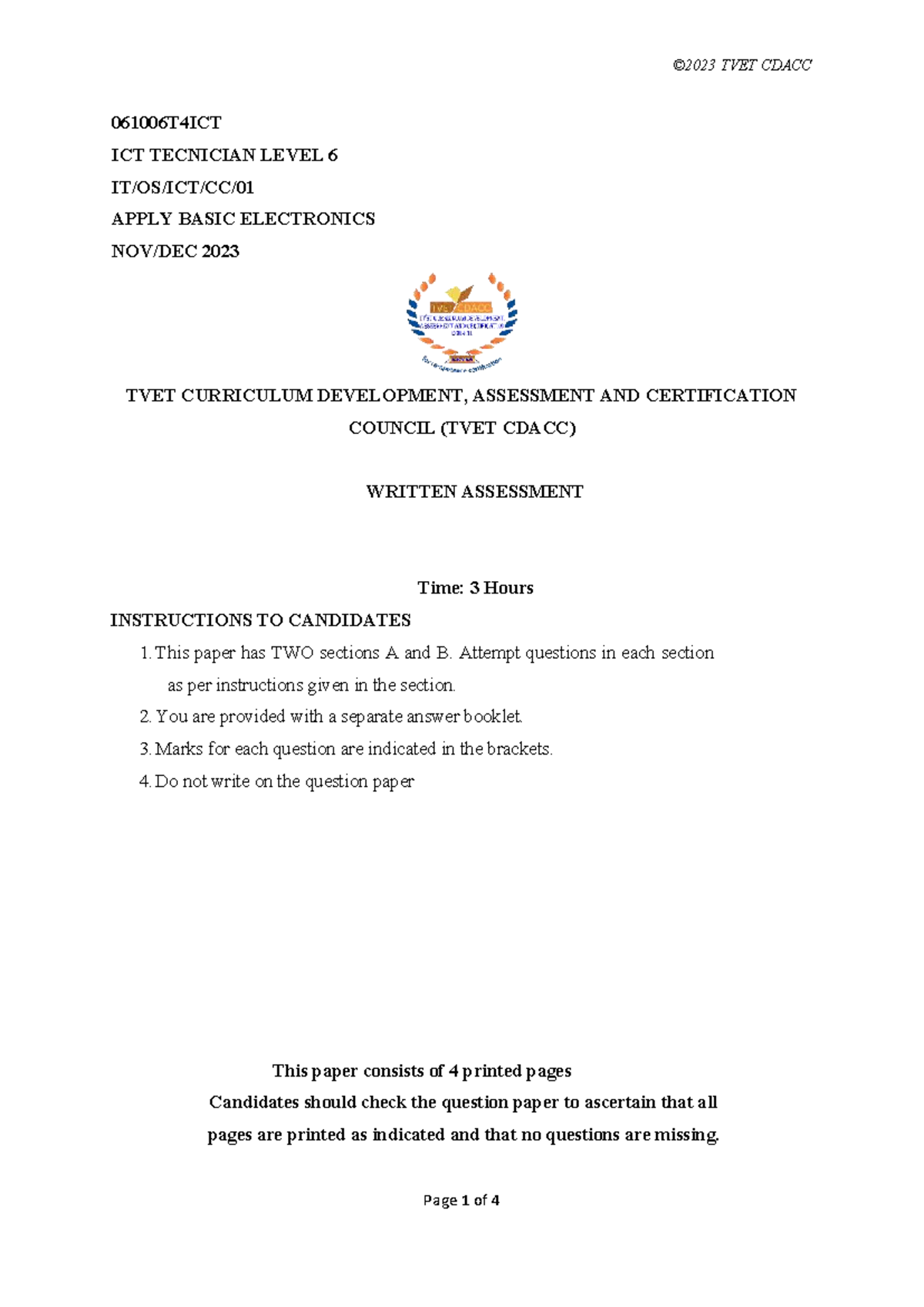 TVET CDACC 061006T4ICT Level 6 Basic Electronics Assessment 2023 - Studocu