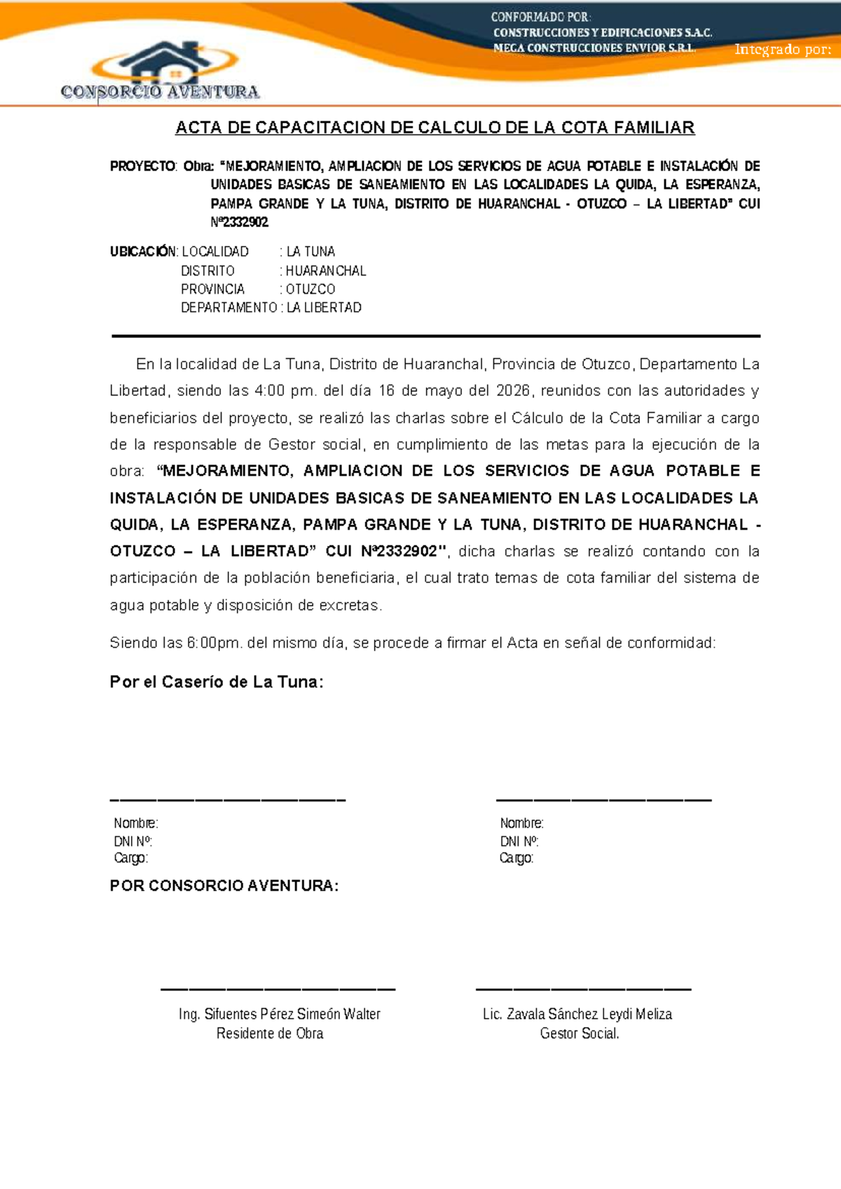 Acta de Capacitación: Cálculo de Cota Familiar - Proyecto Agua Potable ...