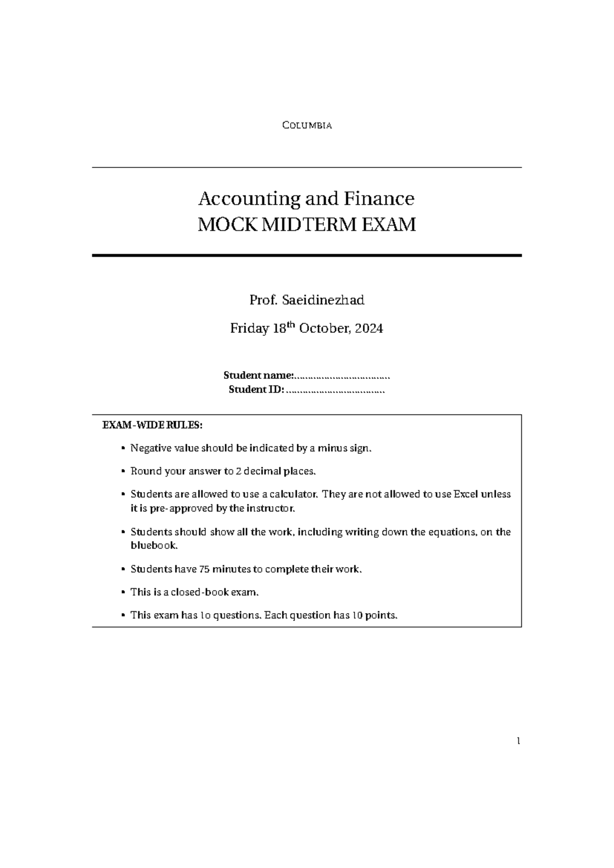 ACC & FIN- Midterm MOCK EXAM - COLUMBIA Accounting and Finance MOCK ...