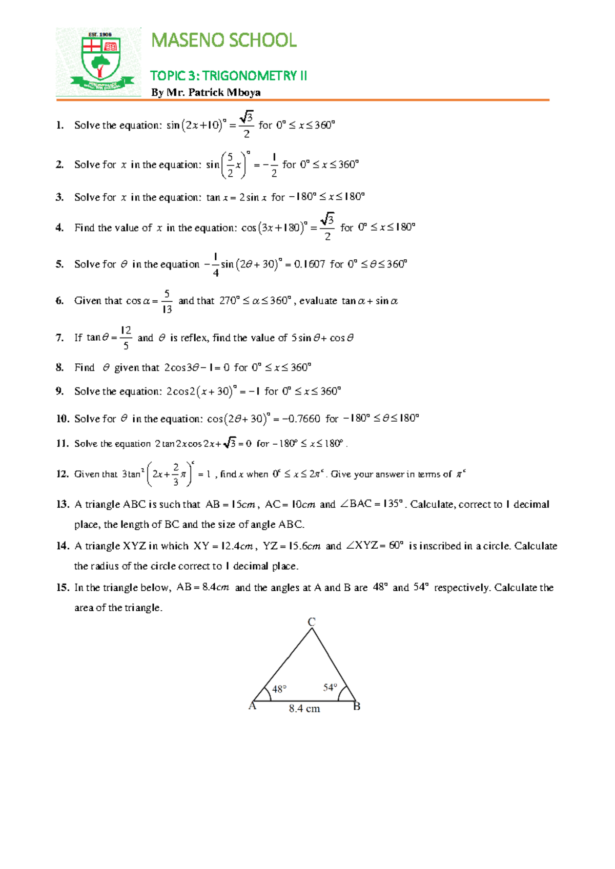 Trigonometry II (Course Code: MASENO) - Detailed Solutions and Practice ...