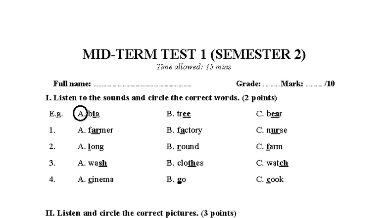 SEMESTER 2 TEST GRADE 5: Listening Comprehension Exercise - Studocu