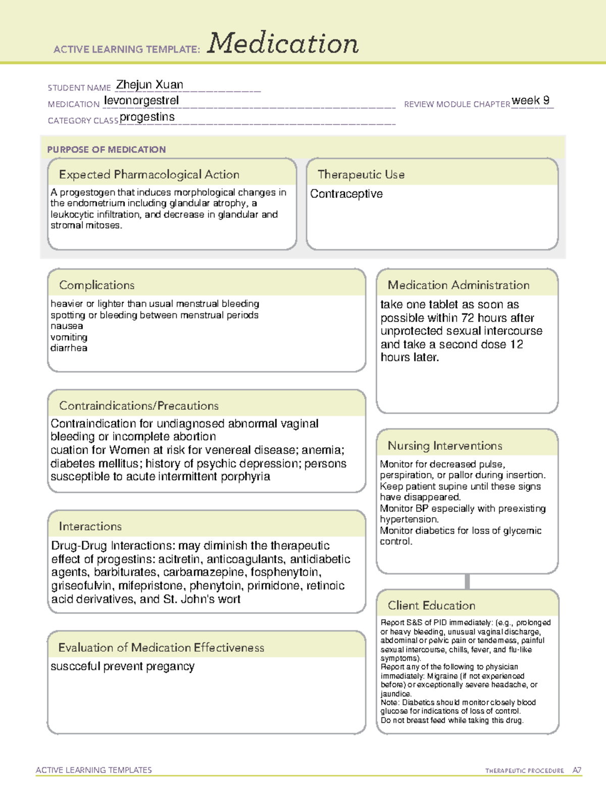 Levonorgestrel Drug Card: Active Learning Template for Week 9 - Studocu