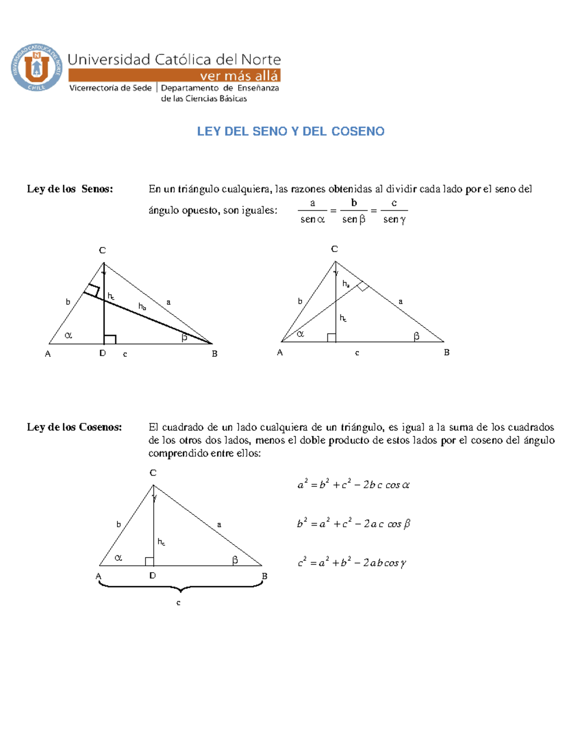 Ejercicios Teorema de seno y coseno - LEY DEL SENO Y DEL COSENO Ley de los Senos: En un ...
