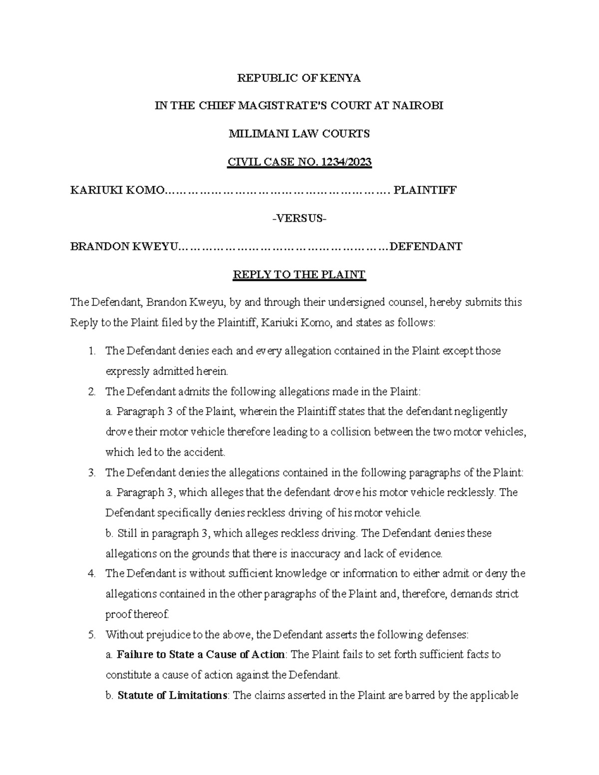 Reply TO THE Plaint - N/A - REPUBLIC OF KENYA IN THE CHIEF MAGISTRATE'S ...