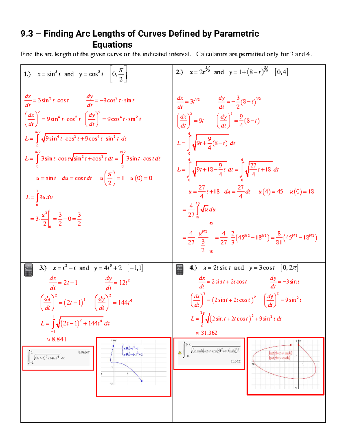 9.3 Arc Length of Parametric Equations KEY - 9. 3 – Finding Arc Lengths ...