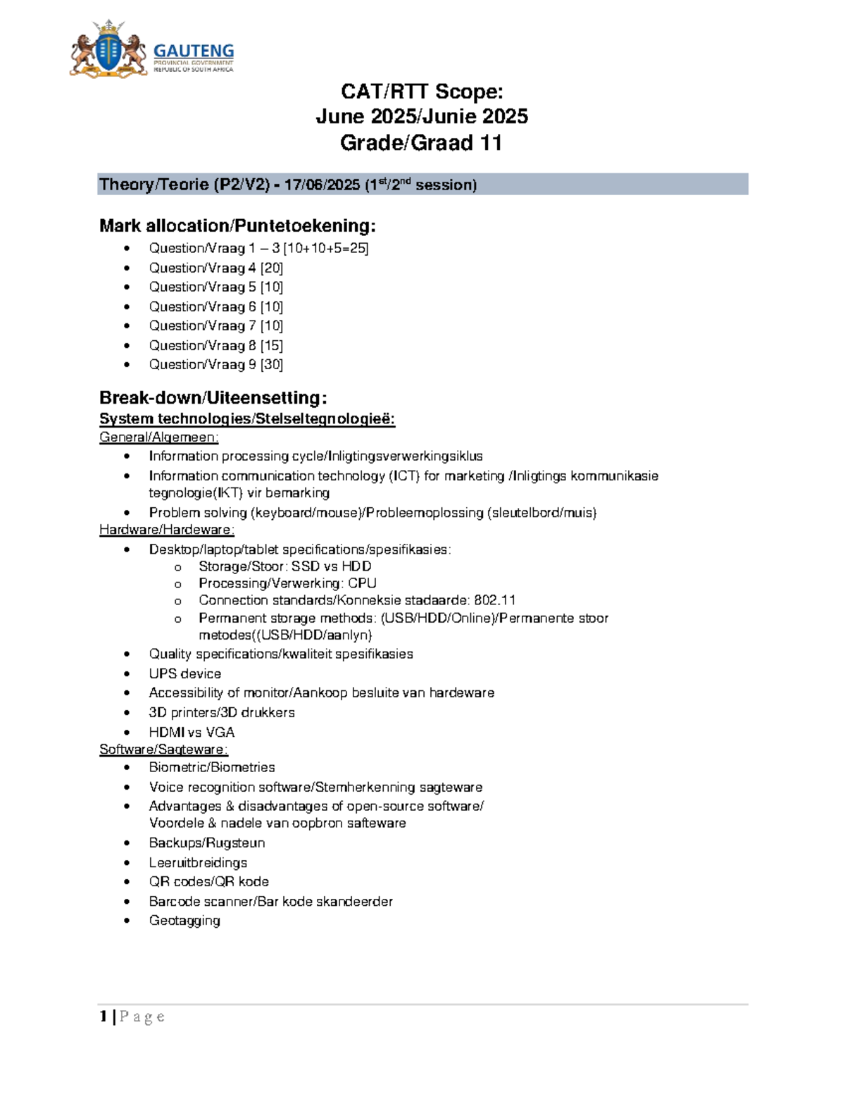 Gr11 CAT/RTT Theory Exam Scope - June 2025 (P2/V2) - Studocu