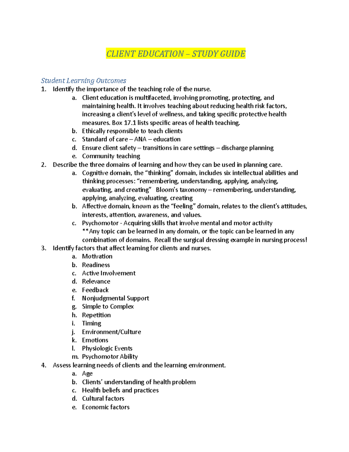 Client Education - Study Guide - CLIENT EDUCATION – STUDY GUIDE Student ...
