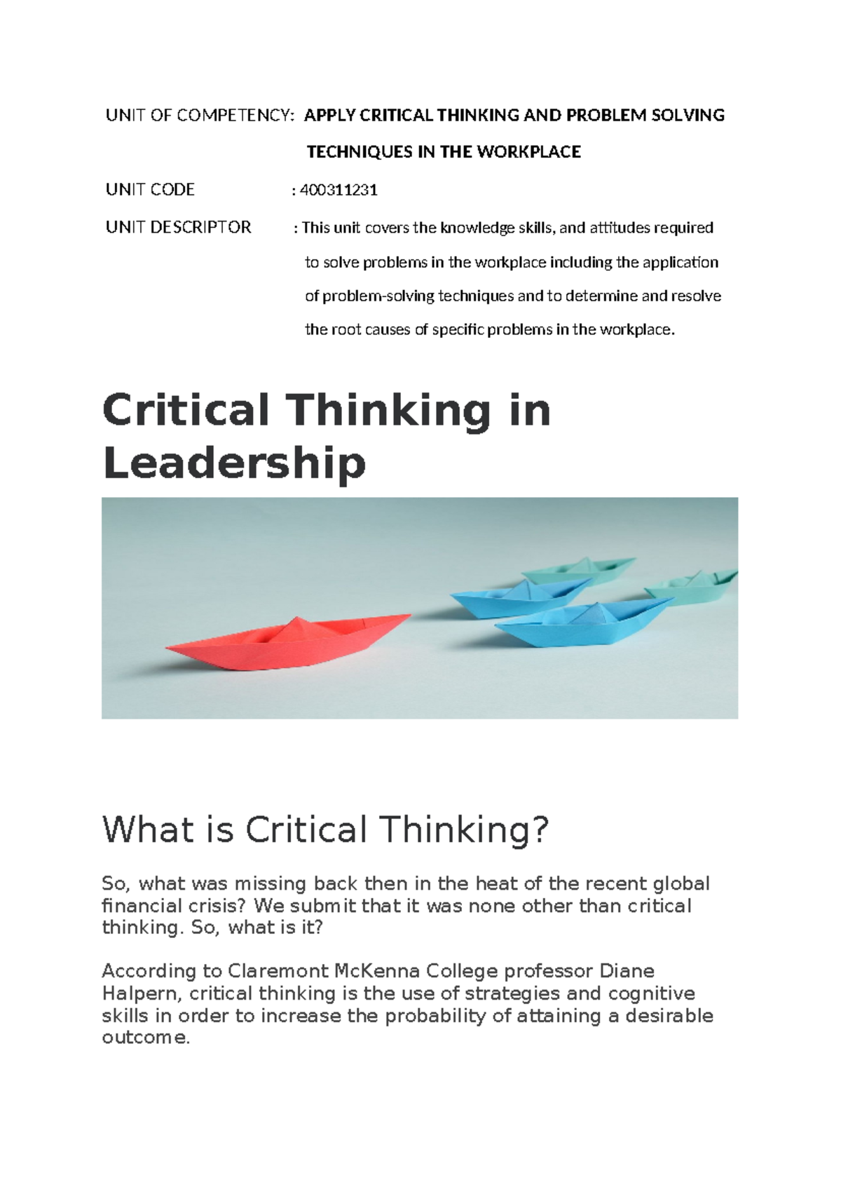 Applying Critical Thinking & Problem Solving Techniques (Unit 400311231 ...