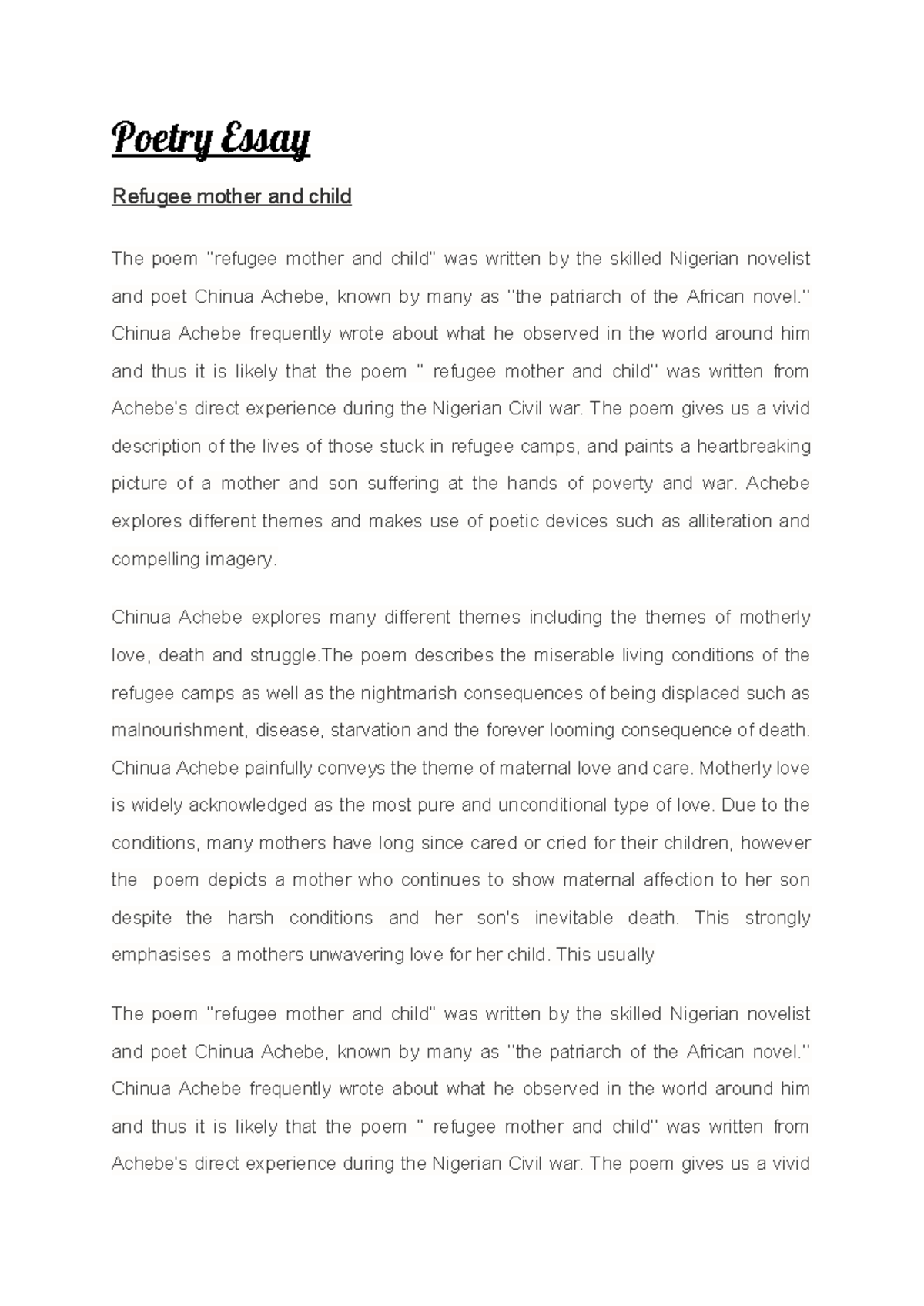 Chinua Achebe's 'Refugee Mother and Child': A Poetic Analysis Essay ...