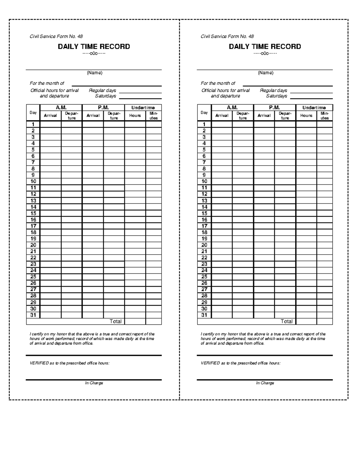 Civil Service Form No. 48 - Daily Time Record Template - Studocu