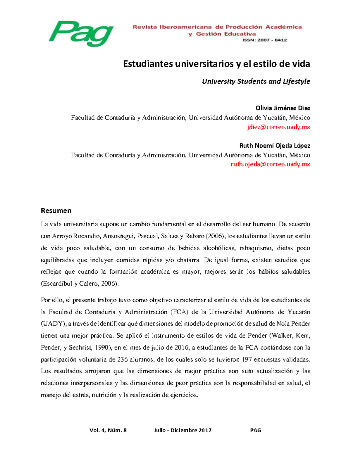 Estilo de Vida Saludable en Estudiantes de la FCA UADY: Un Estudio ...