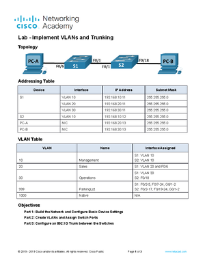 3.4.6 Lab - Configure VLANs and Trunking - Topology Addressing Table Device Interface IP Address ...