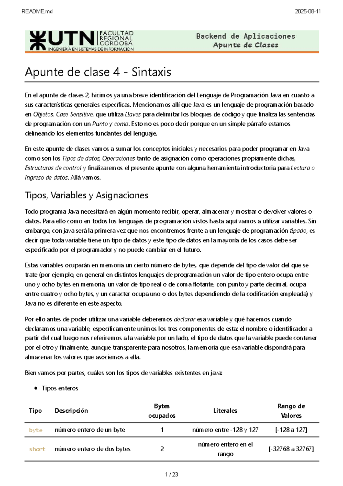 Apunte 04: Sintaxis y Tipos de Datos en Java - Studocu
