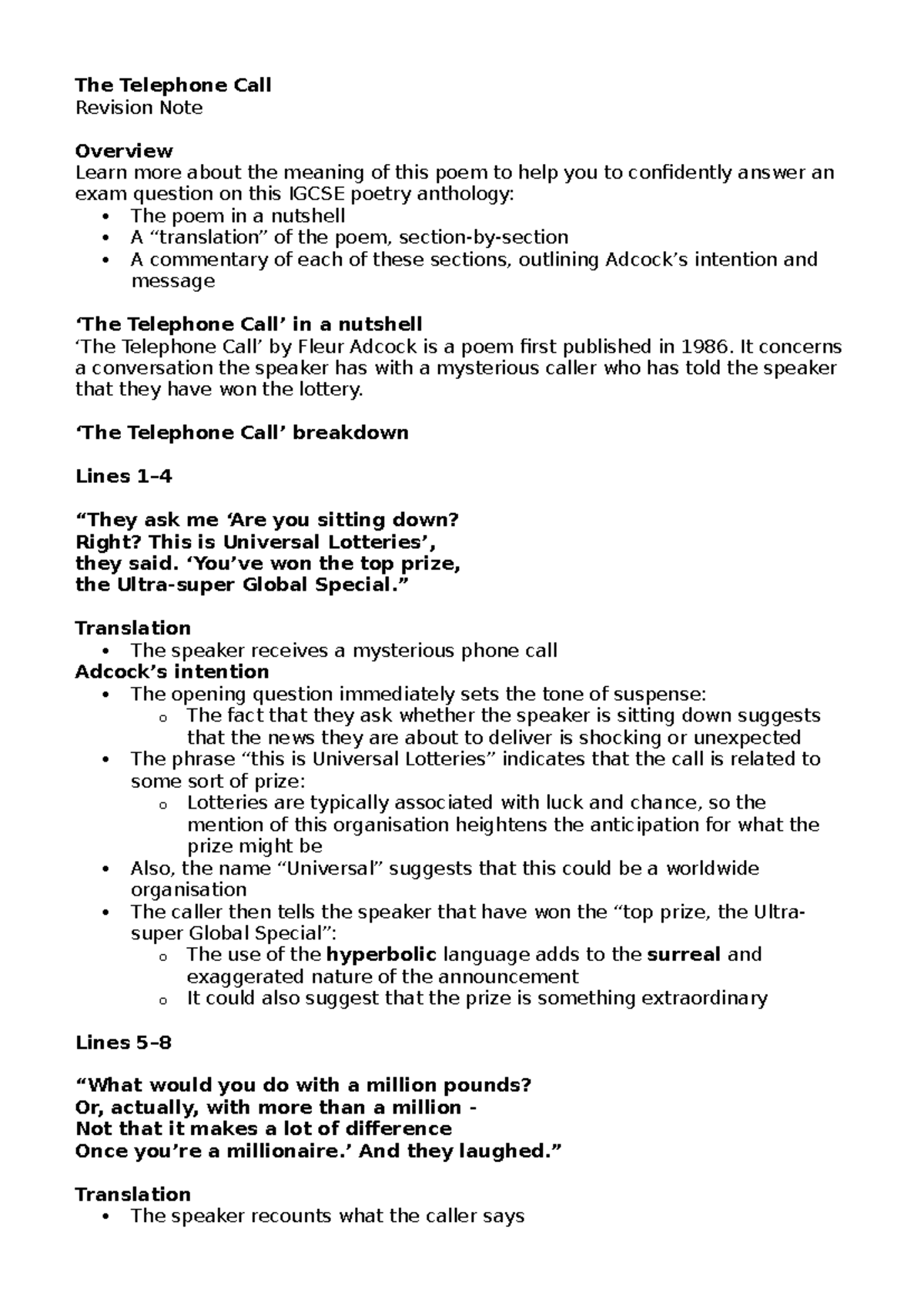 IGCSE Poetry Analysis: 'The Telephone Call' by Fleur Adcock - Studocu