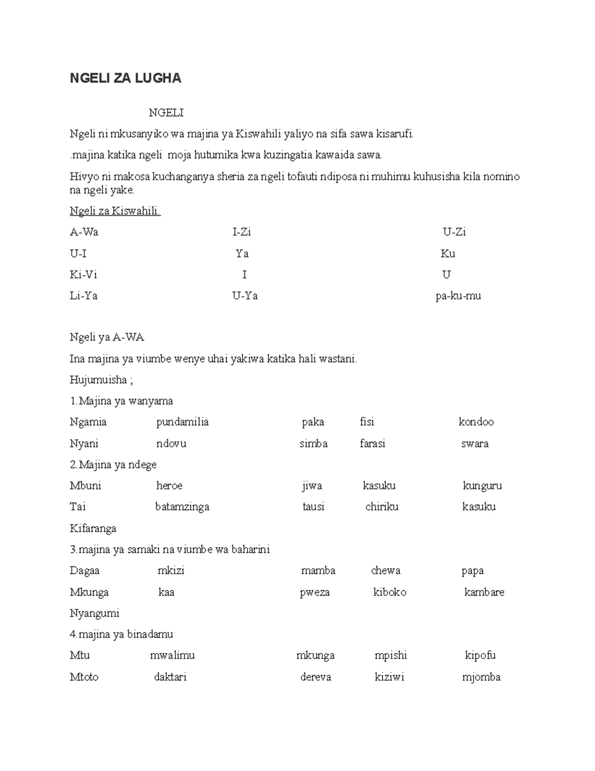 AINA ZA Maneno - Kiswahili - AINA ZA MANENO Lugha ya Kiswahili ina aina ...