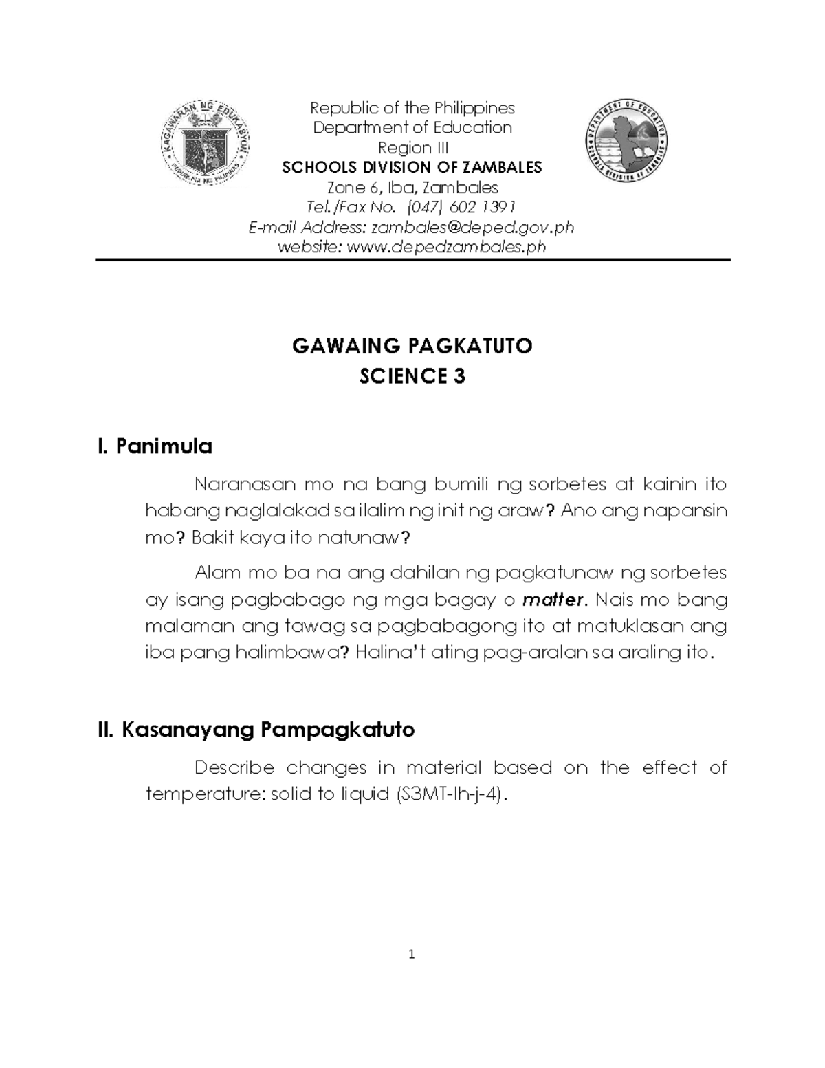 Grade 3 Science Week 3 Learning Activity Sheet: Melting of Matter - Studocu