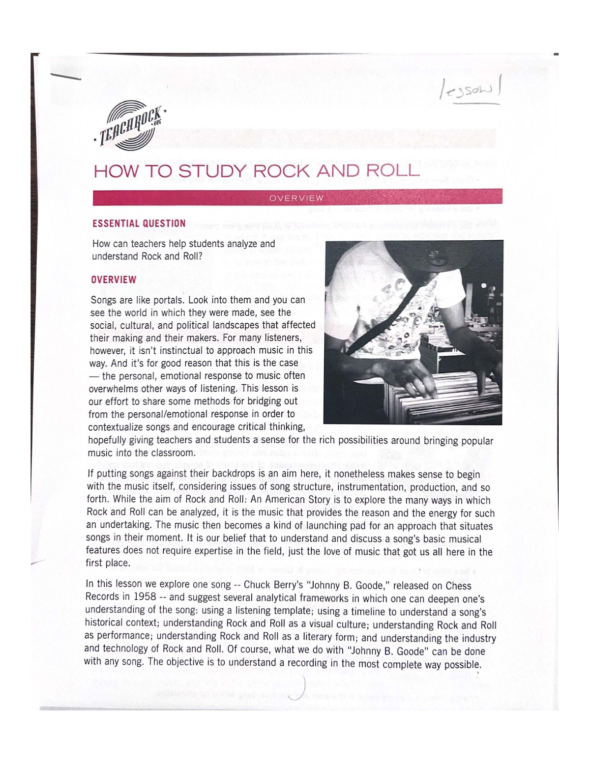 Lesson 1: Analyzing Rock and Roll - Teaching Methods & Frameworks - Studocu