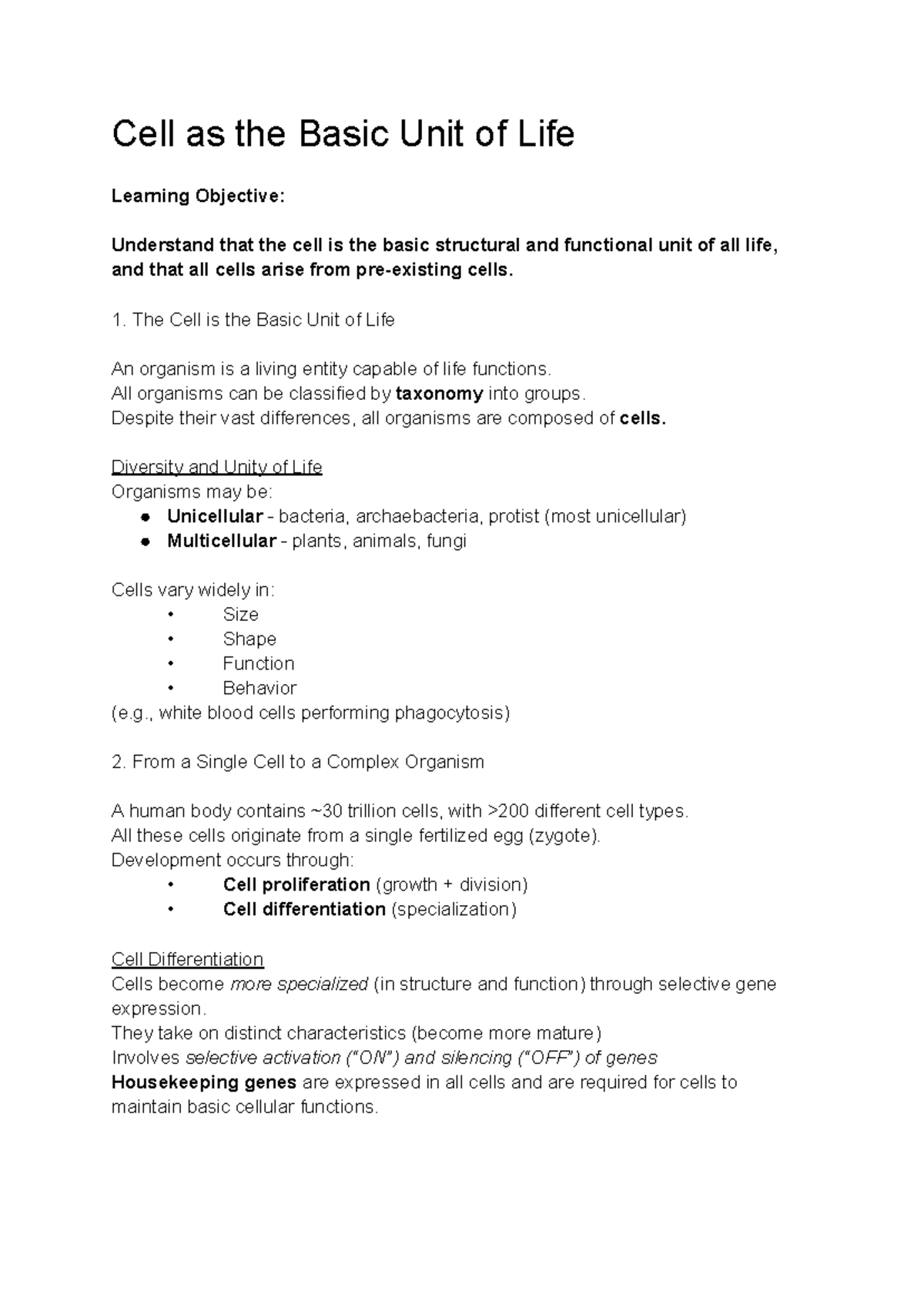 BN2112 Lecture Notes: The Cell as the Basic Unit of Life - Studocu
