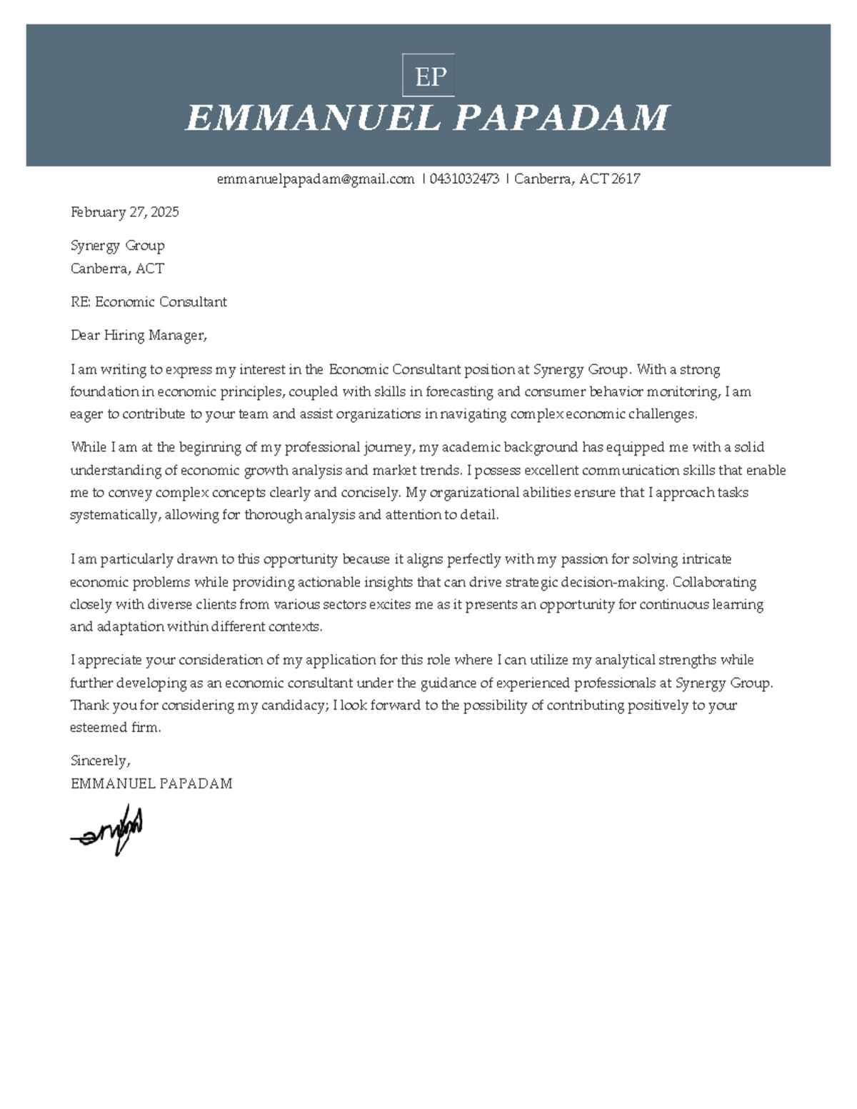 Cover Letter - EMMANUEL PAPADAM emmanuelpapadam@gmail | 0431032473 ...