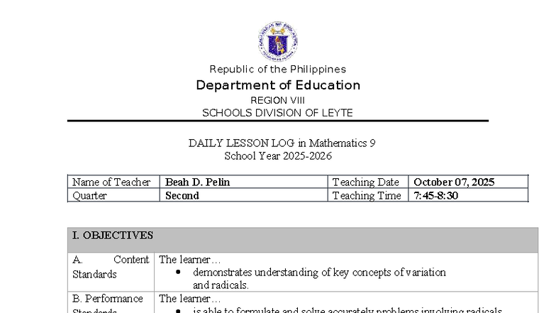 Grade 9 Math Lesson Plan: Inverse Variation Concepts - Studocu