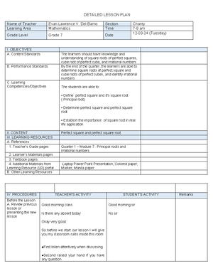 Dlp perfect square- evan - DETAILED LESSON PLAN Name of Teacher Evan ...
