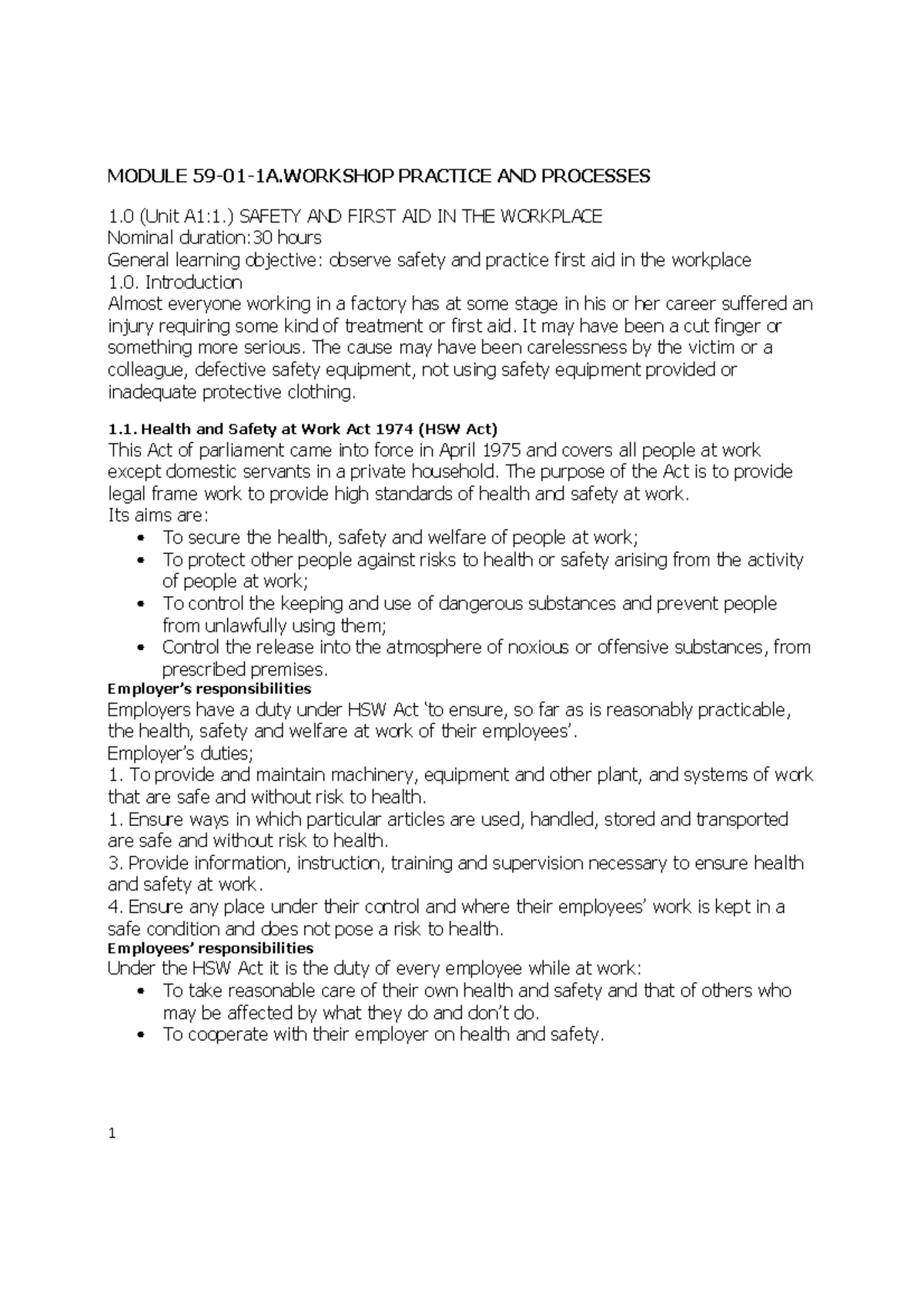 Workshop Process Module 1.0: Safety & First Aid in the Workplace - Studocu