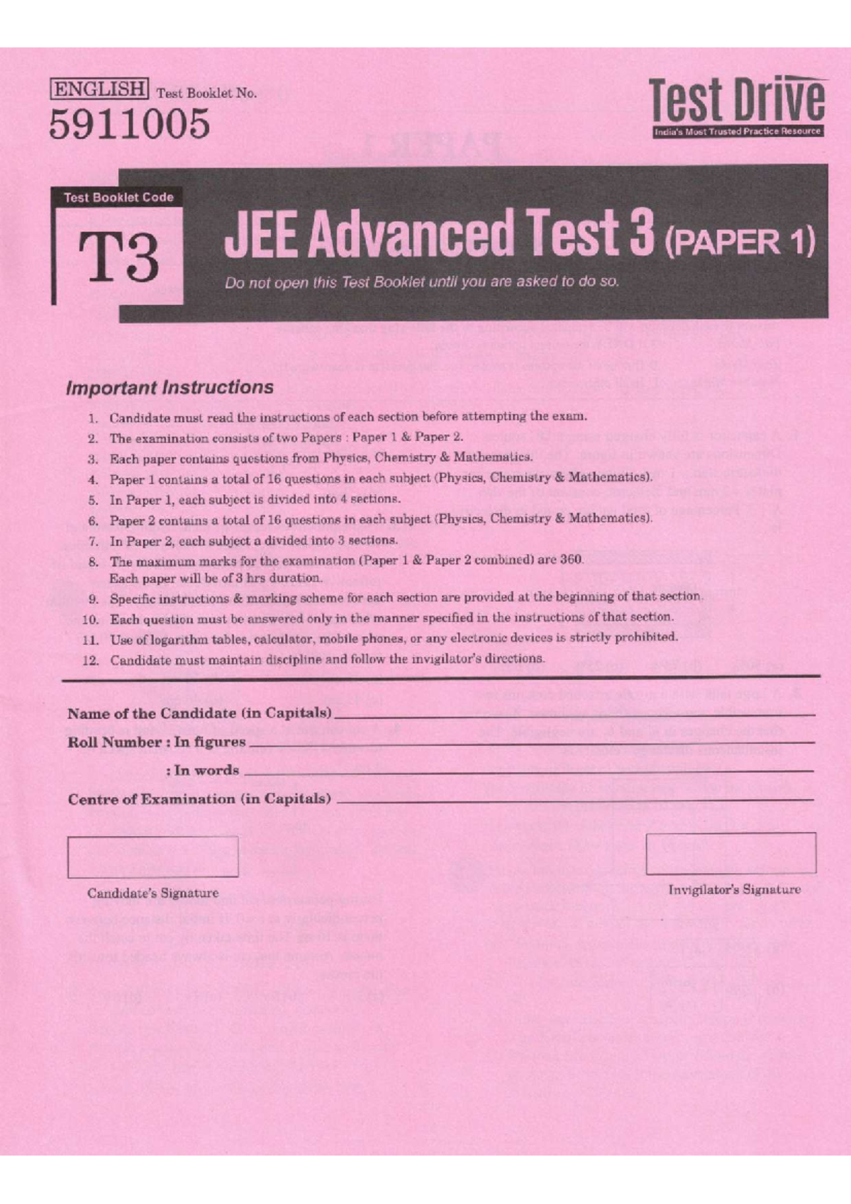 JEE Advanced Test 3 (Paper 1) - Comprehensive Practice Resource - Studocu