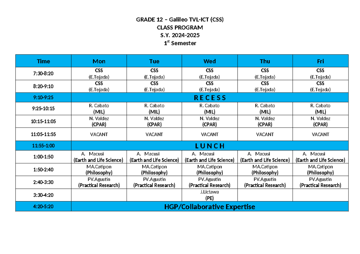 Grade 12 - 12312312qd - GRADE 12 – Galileo TVL-ICT (CSS) CLASS PROGRAM ...