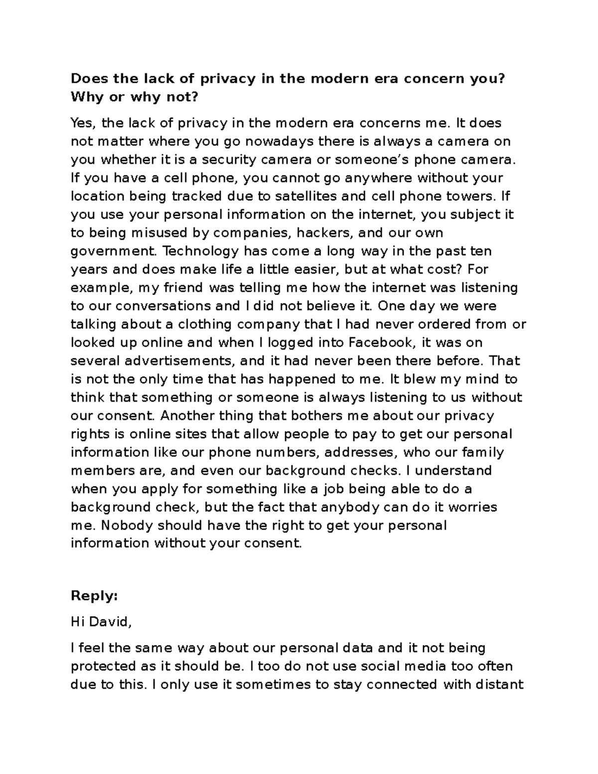 LEG100 Week 5 Discussion: Concerns About Privacy in the Modern Era ...