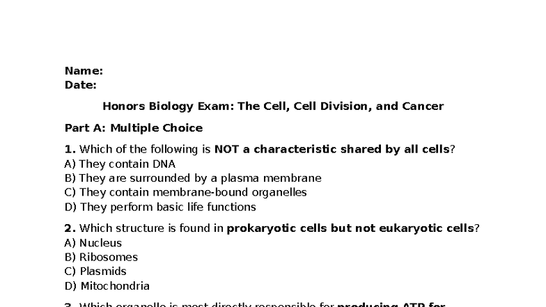 HNRS Biology Exam 2: The Cell, Cell Division, and Cancer - Studocu