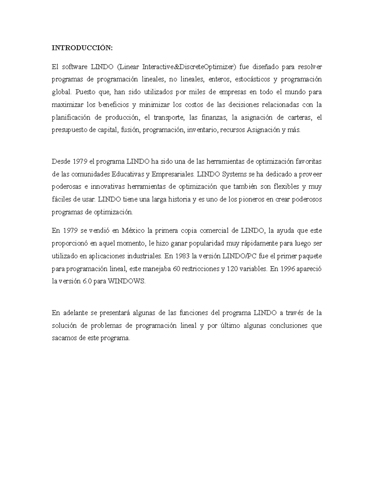 Introducción al software LINDO: Optimización y Funcionalidades - Studocu