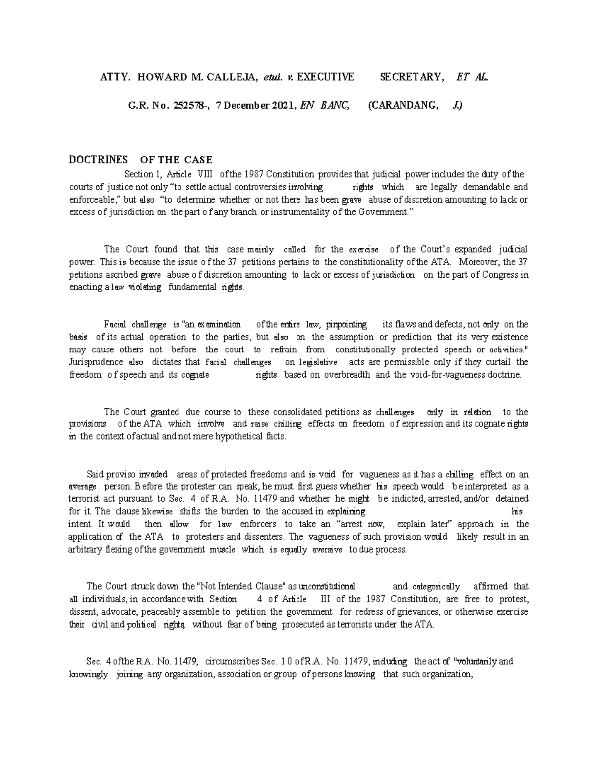 ATA Constitutionality Review: A Case Analysis of G.R. No. 252578 - Studocu