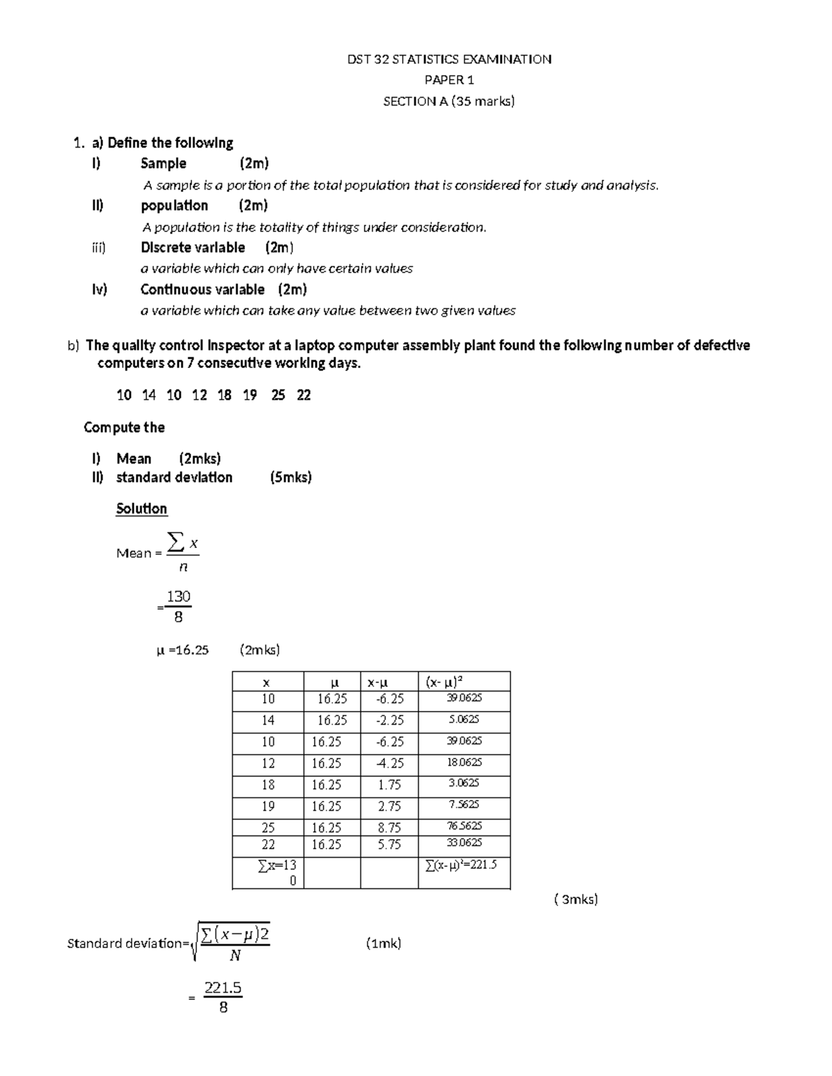DST 32 STATISTICS EXAMINATION PAPER 1: SECTION A & B SOLUTIONS - Studocu