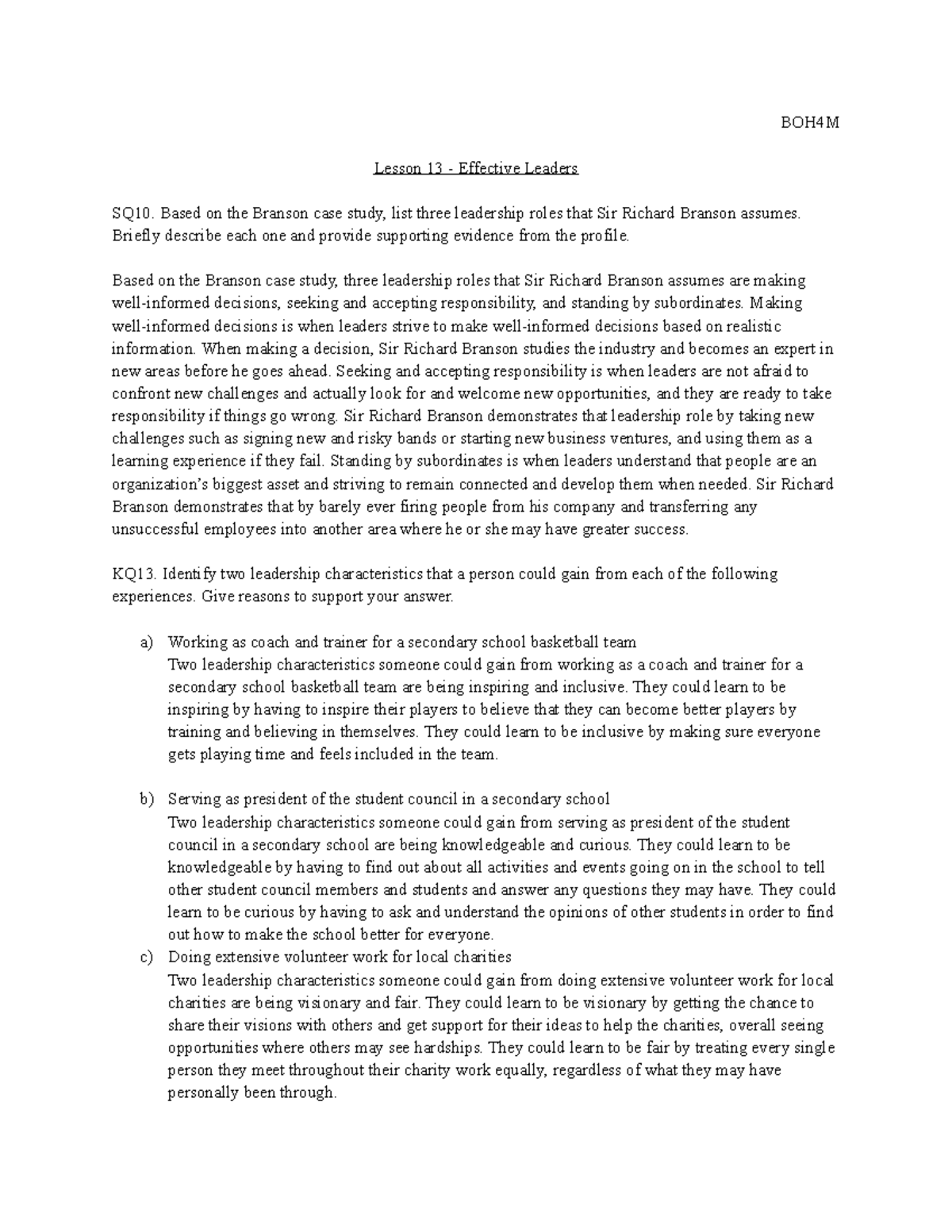 Lesson 13 - Characteristics of Effective Leaders - BOH4M Lesson 13 ...