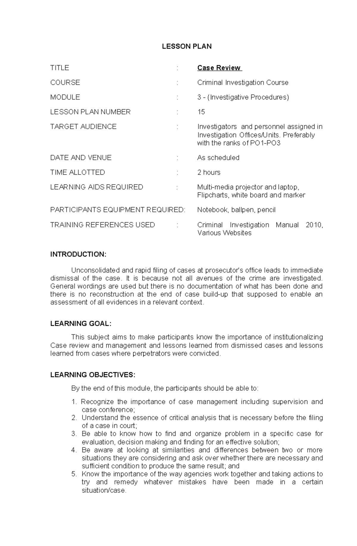 Criminal Investigation Course: Case Review Lesson Plan (Module 3) - Studocu