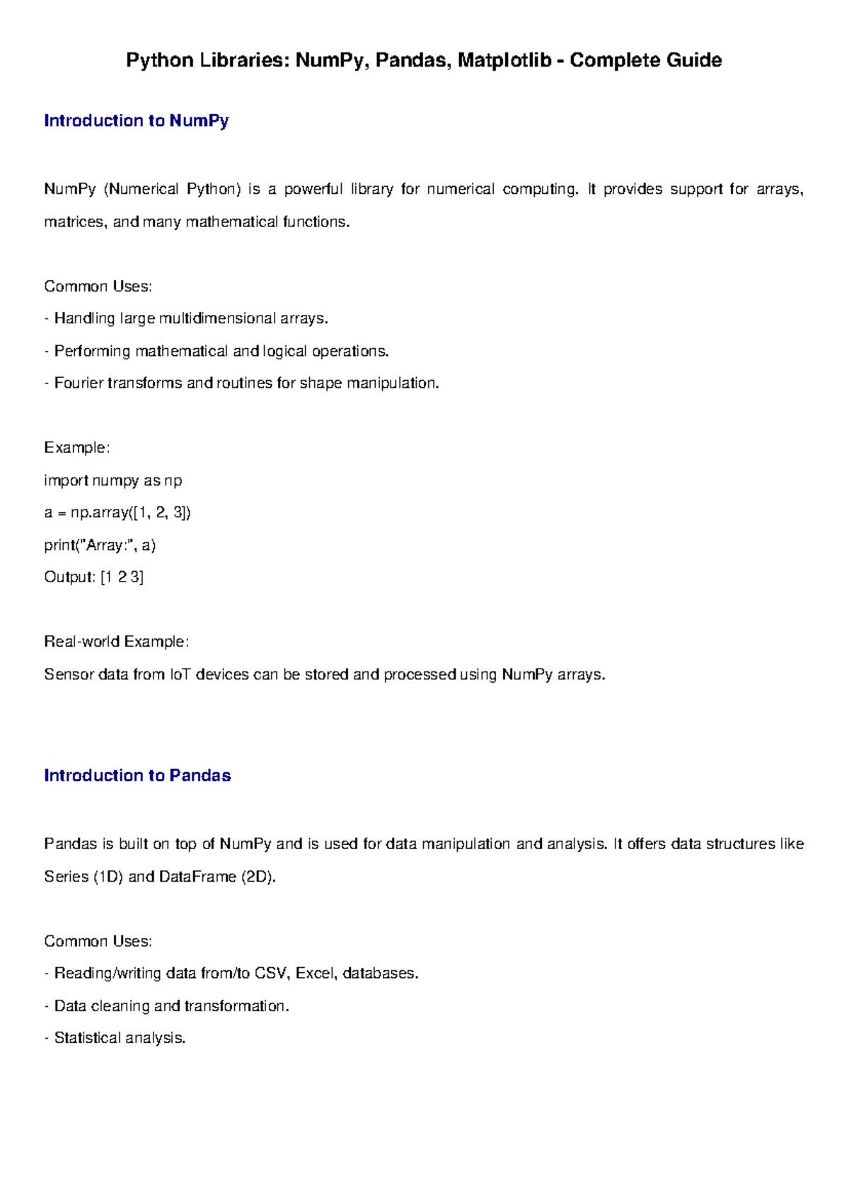 Python Libraries (NumPy, Pandas, Matplotlib) Full Guide with Code - Studocu