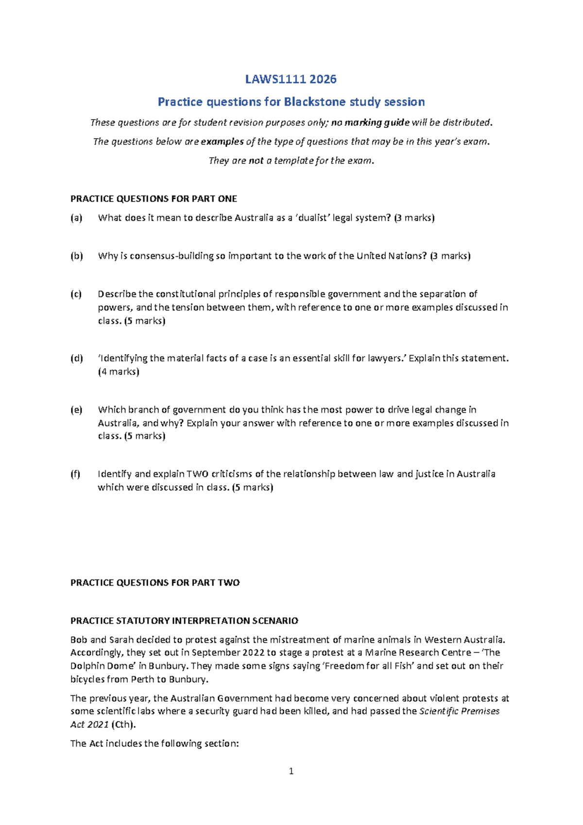 LAWS1111 2026 Practice Questions for Blackstone Study Session - Studocu
