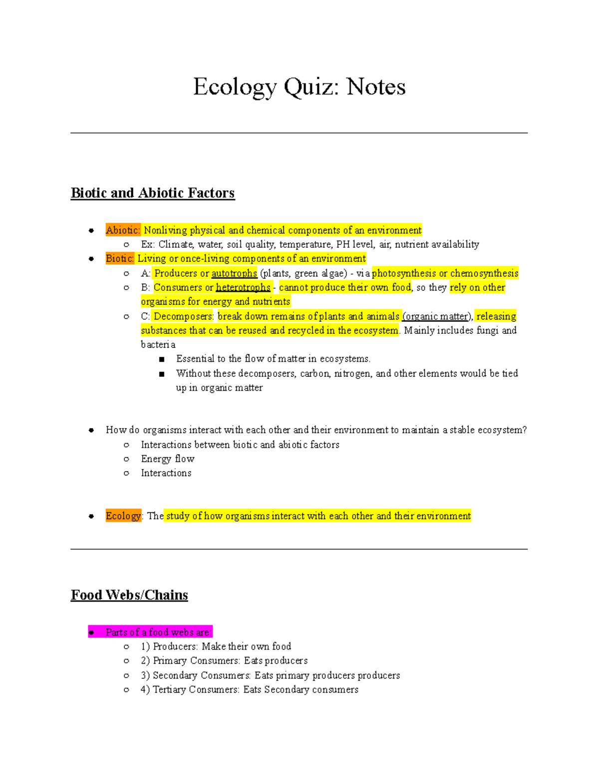 Ecology Quiz: Notes on Biotic & Abiotic Factors and Energy Flow - Studocu
