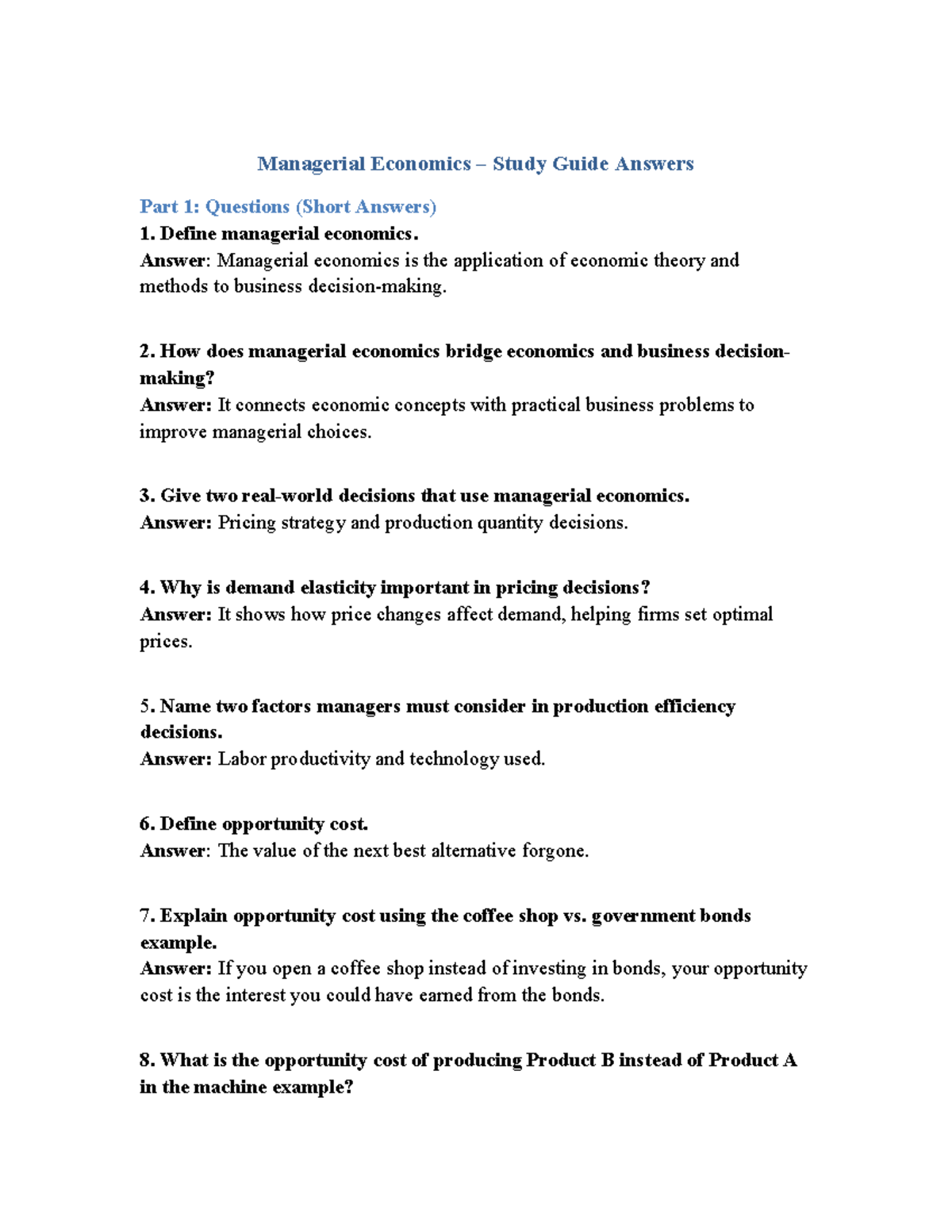 Managerial Economics Study Guide: Key Concepts & Answers - Studocu