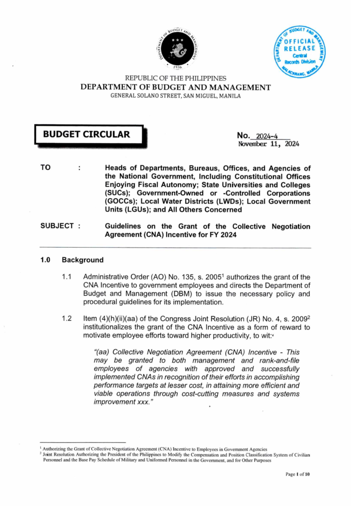 Budget Circular No. 2024-4: Guidelines on CNA Incentive for Employees ...