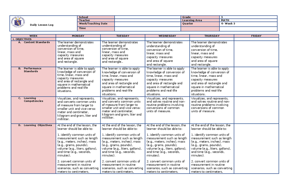MATH - Daily Lesson Log for Grade 3: Measurement Conversions Week 3 ...