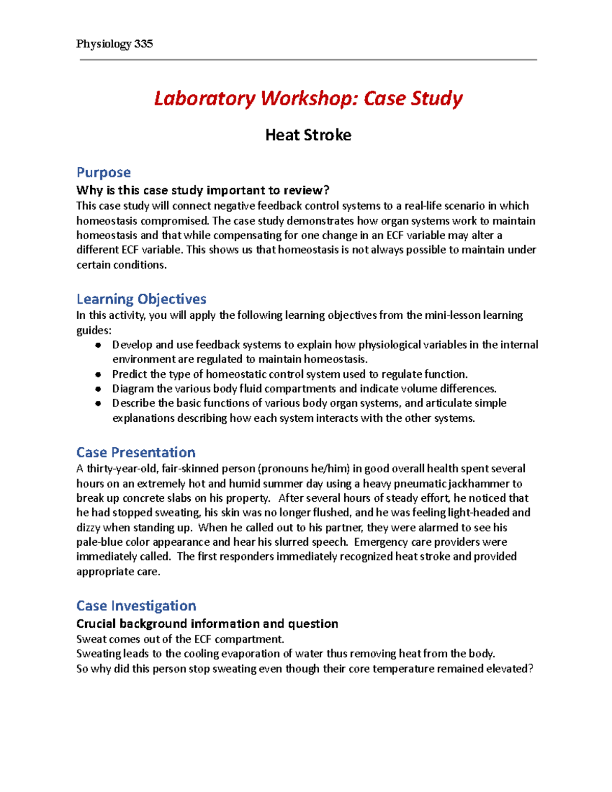 CASE Homeostasis - Lab Case - Laboratory Workshop: Case Study Heat ...