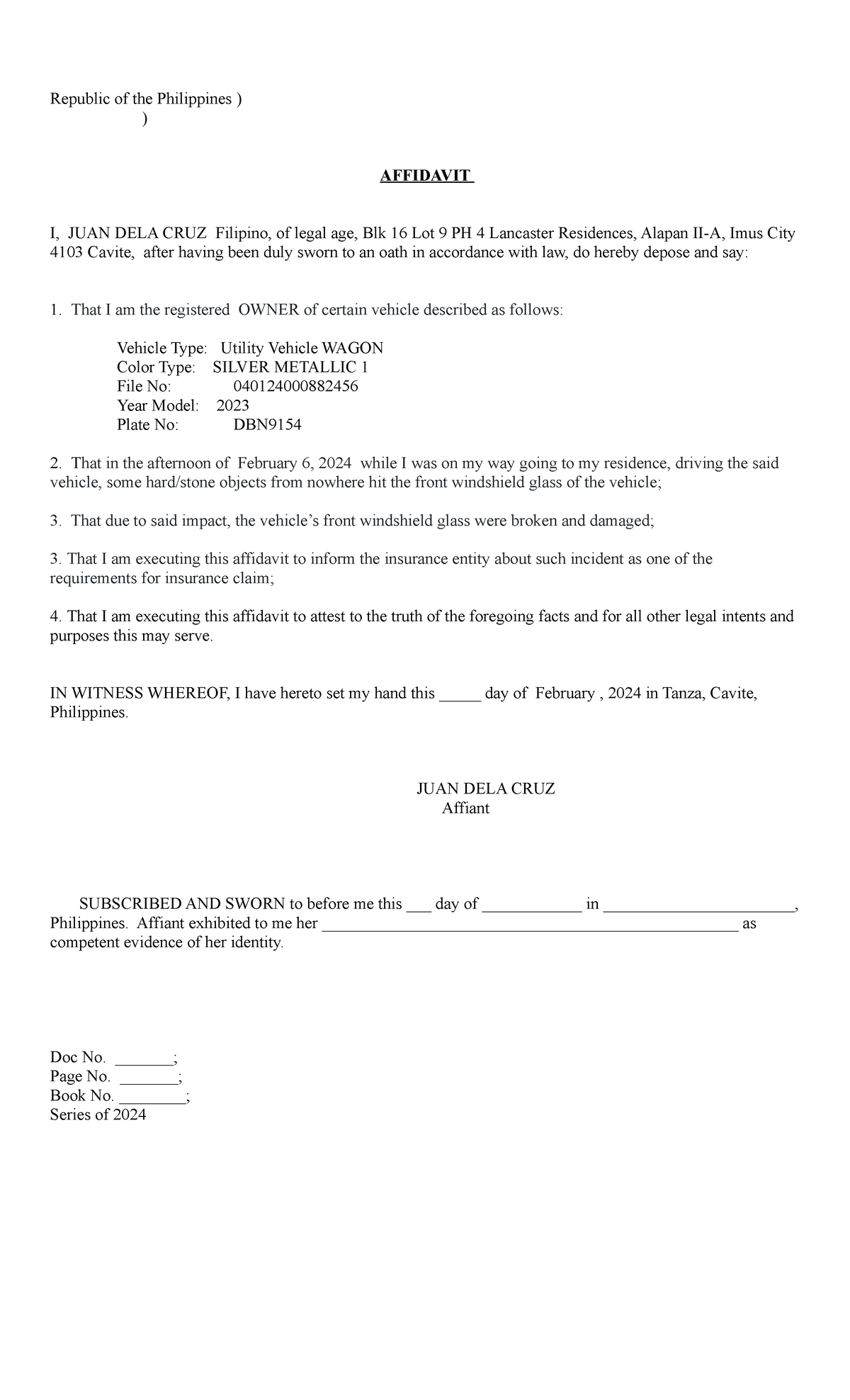 Affidavit for Insurance Claim: Broken Windshield (Philippines) - Studocu