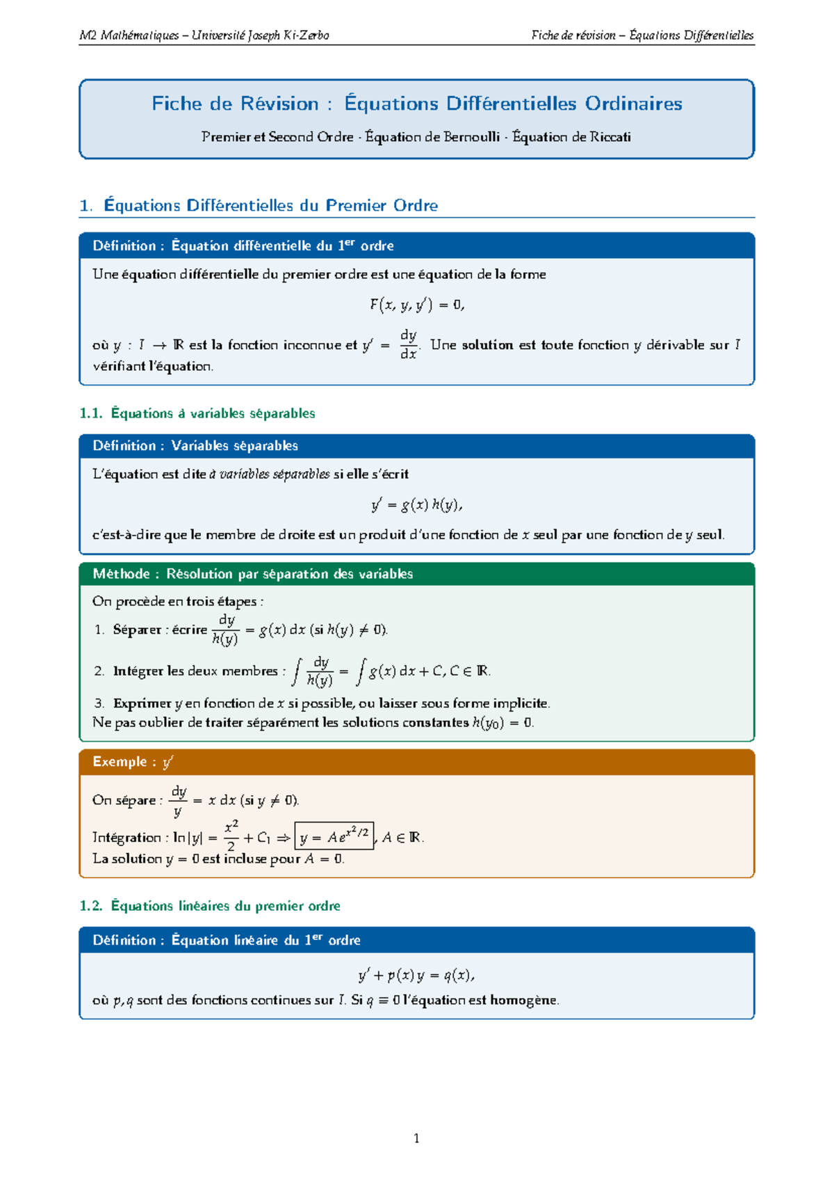 M2 Mathématiques Université - Fiche de Révision Équations ...
