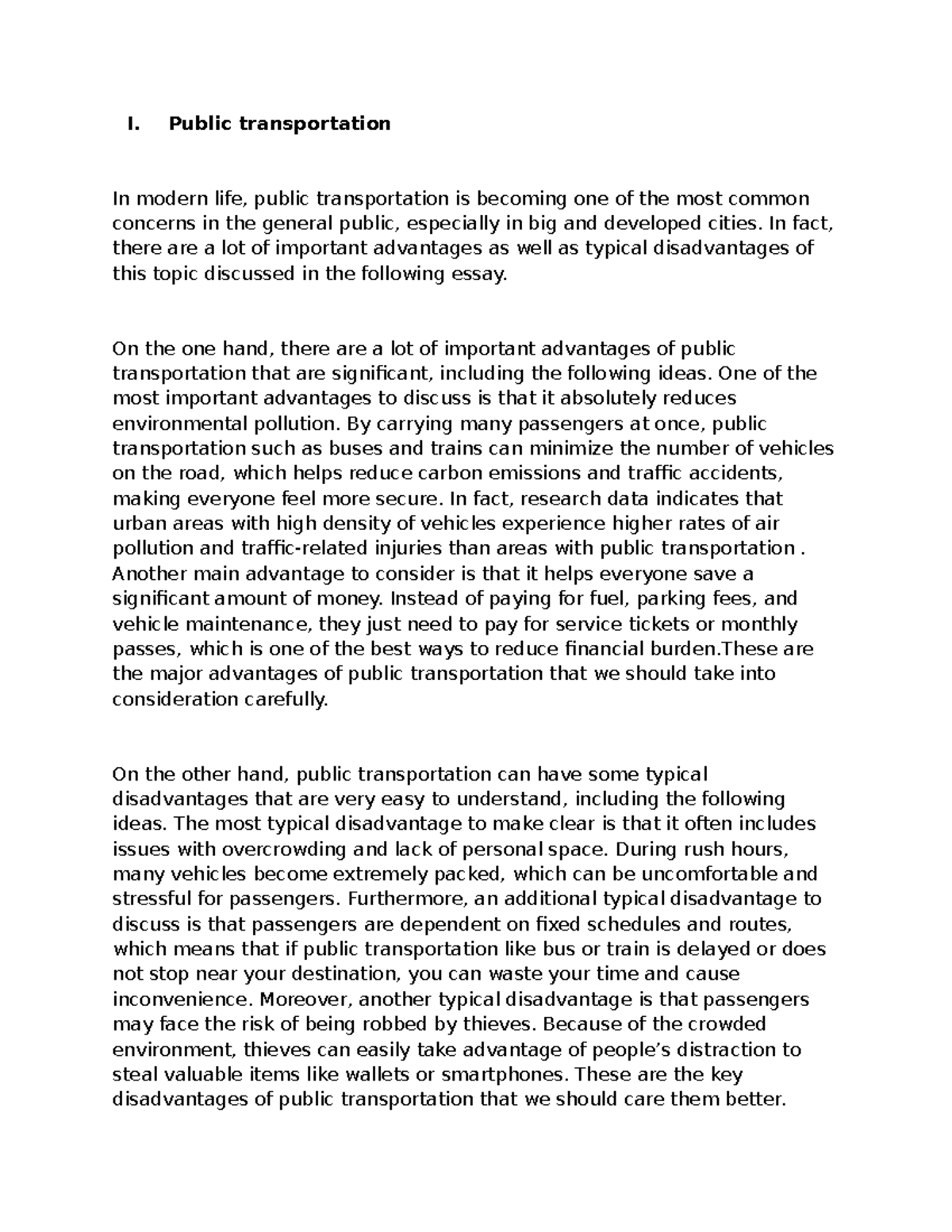 Public Transportation: Advantages and Disadvantages Essay - Studocu
